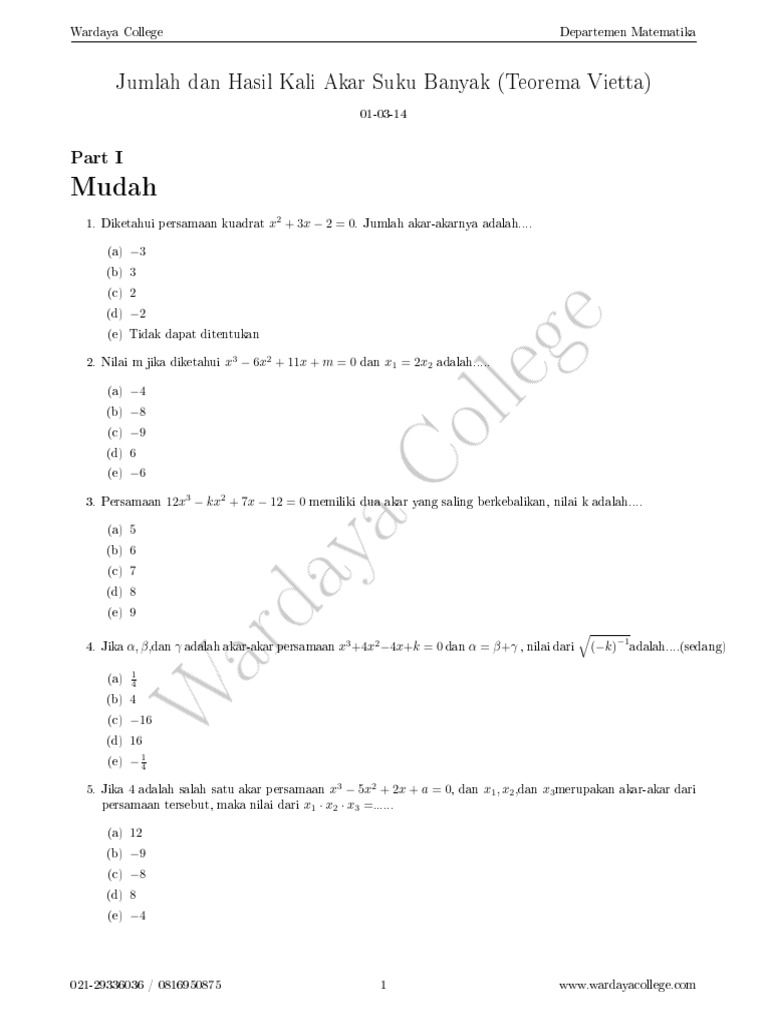 Ujian Teorema Vietta di Wardaya College | PDF