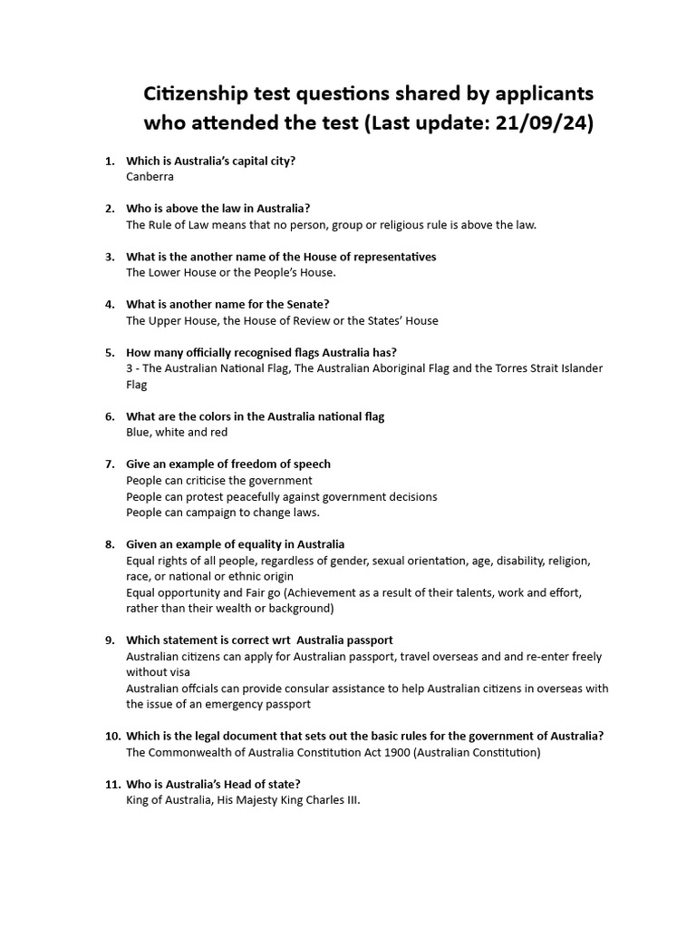 Citizenship Test Questions Shared by Applicants 21-09-24 | PDF ...