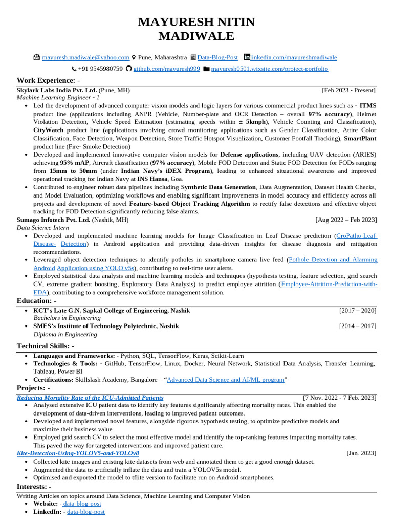 Mayuresh Nitin Madiwale Resume | PDF | Machine Learning | Data Analysis