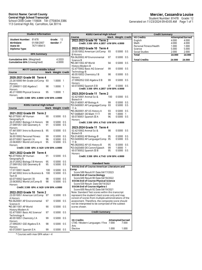 CCS Transcript For Portal | PDF | Science