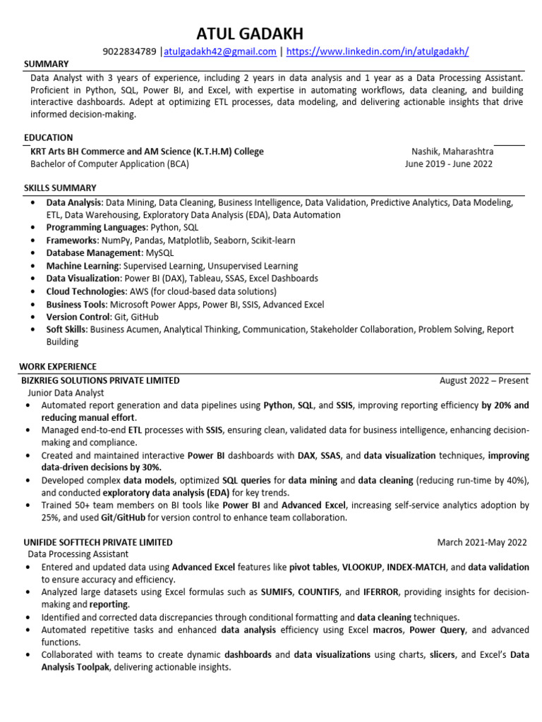 Atul CV Data Analyst 3yrexp 30 Days NP | PDF | Microsoft Excel | Data ...