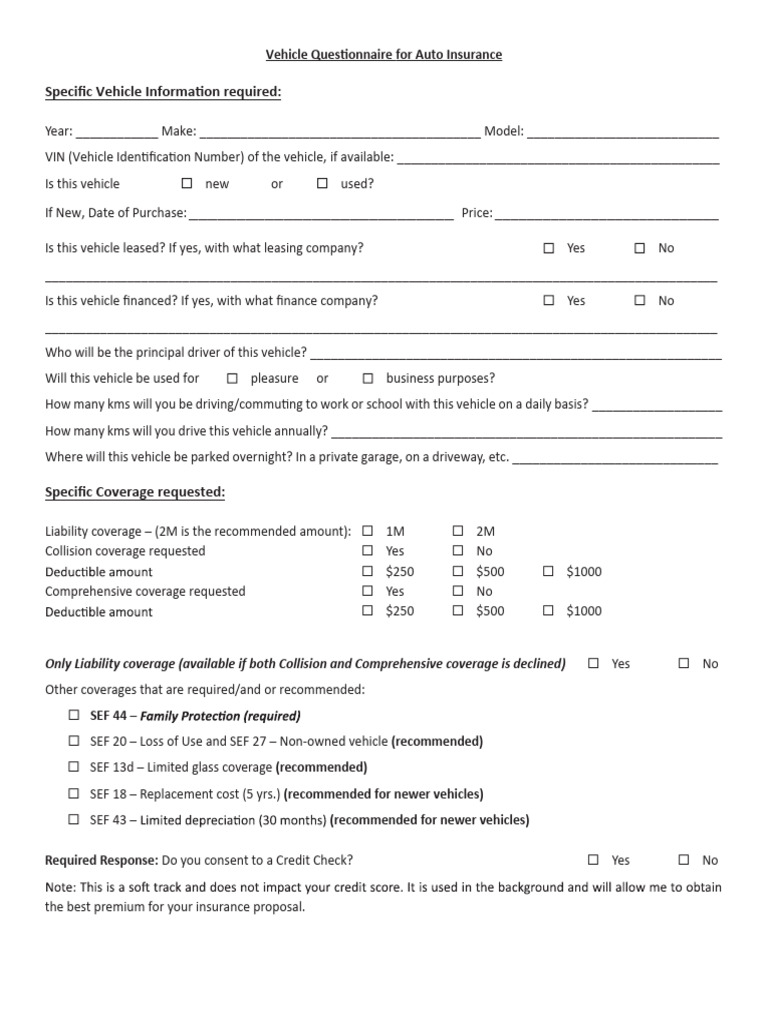 Vehicle Questionnaire For Auto Insurance | PDF | Vehicle Insurance ...