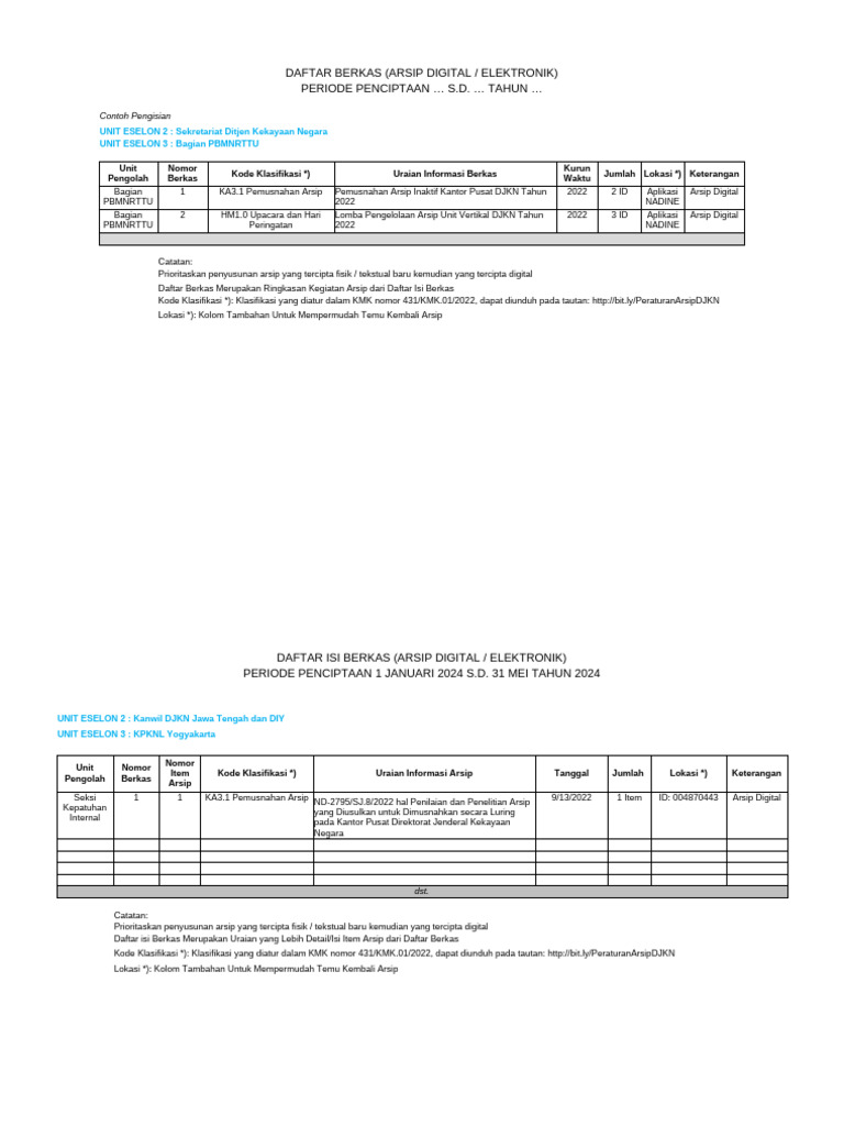 Format Daftar Berkas Dan Daftar Isi Berkas Arsip Digital NADINE 1 Jan-31 Mei | PDF