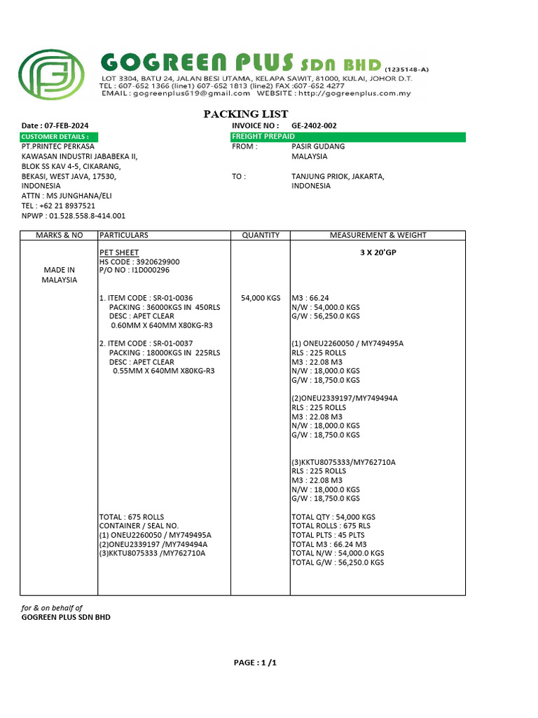 Packing List Oneyjhbe03564300 | PDF | Indonesia