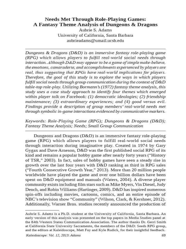 Needs Met Through Role-Playing Games - A Fantasy Theme Analysis of ...