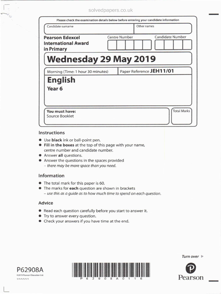 English Paper 1 2019 Yr 6 | PDF