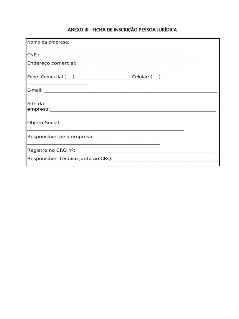 ANEXO III Ficha de Inscricao Pessoa Juridica | PDF