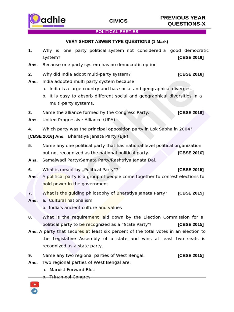 Class 10 Civics: Political Parties MCQs | PDF | Political Parties ...