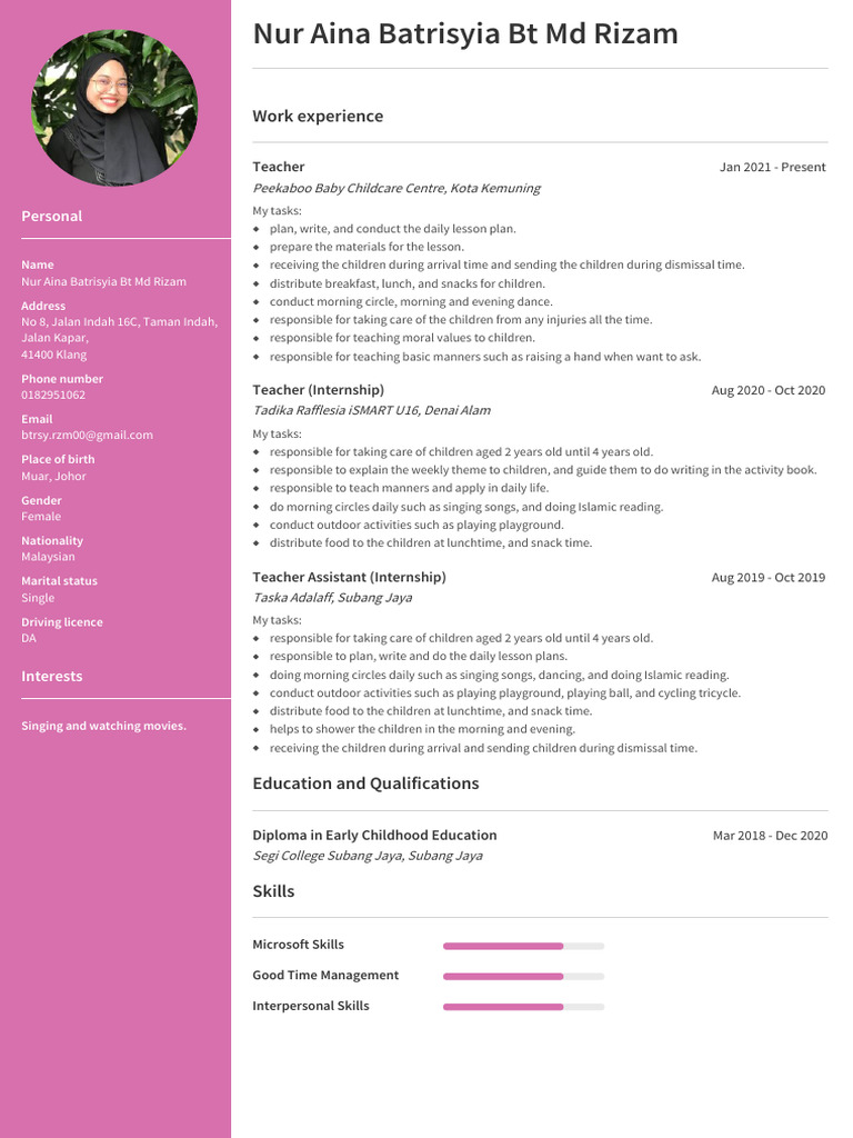 CV Nur Aina Batrisyia Bt Md Rizam | PDF | Learning | Childhood