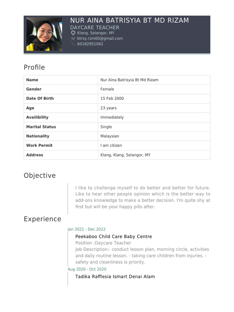 Daycare Teacher Profile | PDF