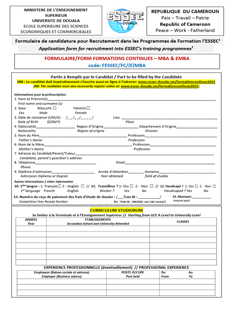 Candidature MBA ESSEC Douala | PDF | Maîtrise en administration des ...