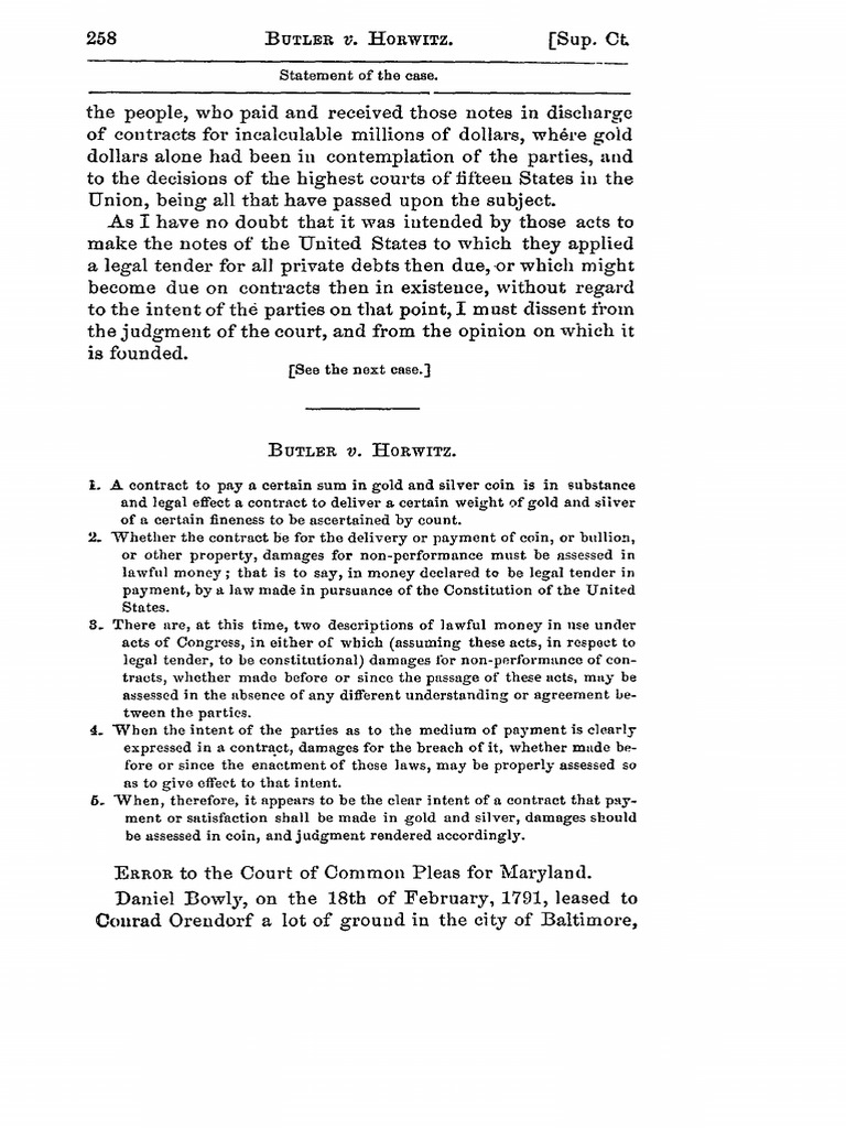 Butler v. Horowitz 74 U.S. (7wall) 258 (1868) | PDF | Legal Tender ...