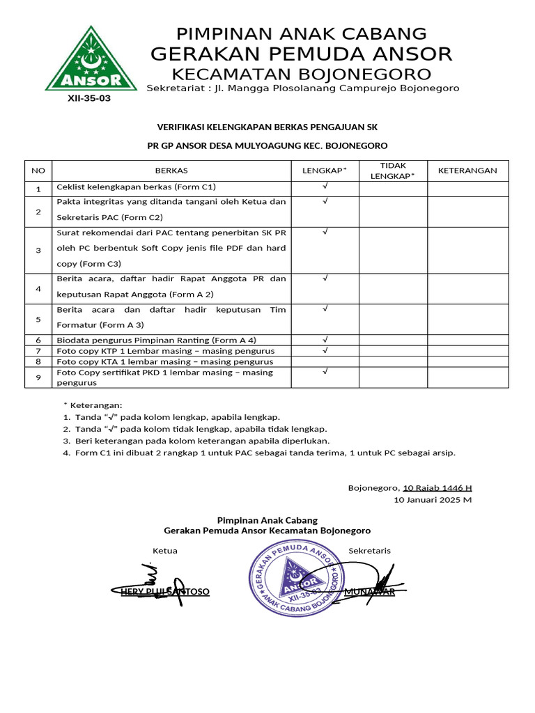 Cek List Pengajuan SK Ranting GP Ansor | PDF