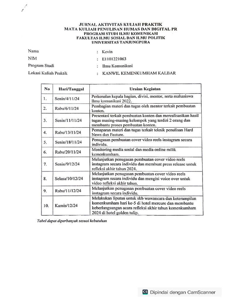 Jurnal Aktivitas Yang Sudah Di TTD - Kevin | PDF