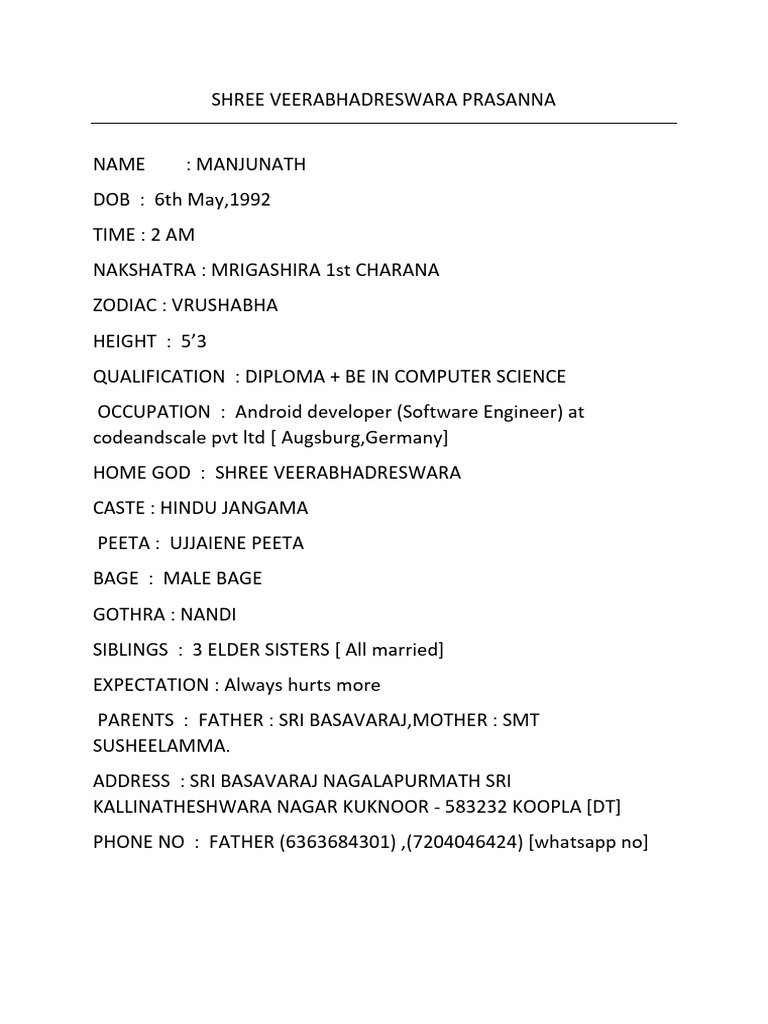 Manjunath Biodata | PDF