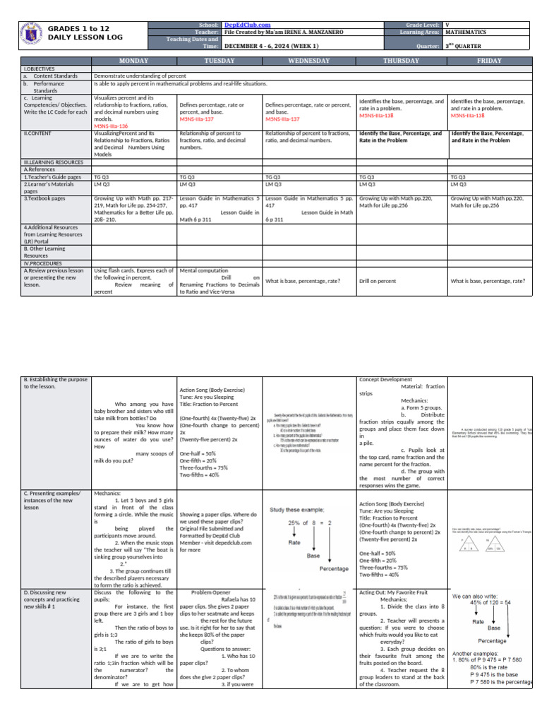 DLL_MATHEMATICS 5_Q3_W1 | PDF | Percentage | Ratio