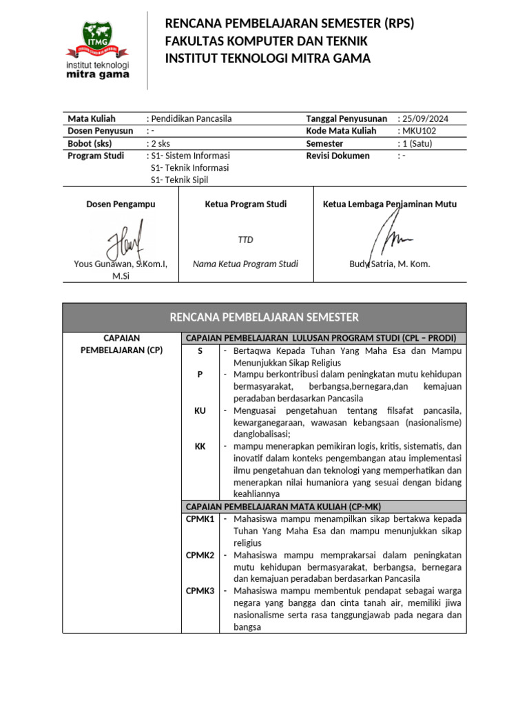 FORM SPMI - RPS Pendidikan Pancasila - ITMG-2024 | PDF