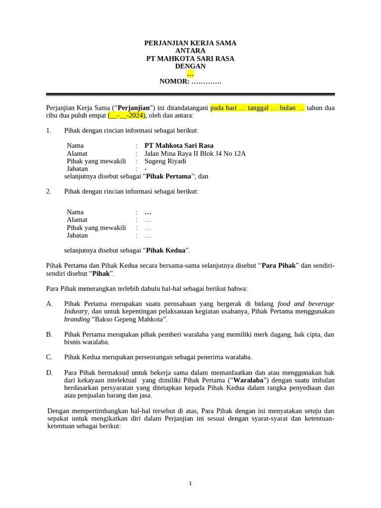 (Draft Awal) Perjanjian Kerjasama Bakso Gepeng Mahkota | PDF
