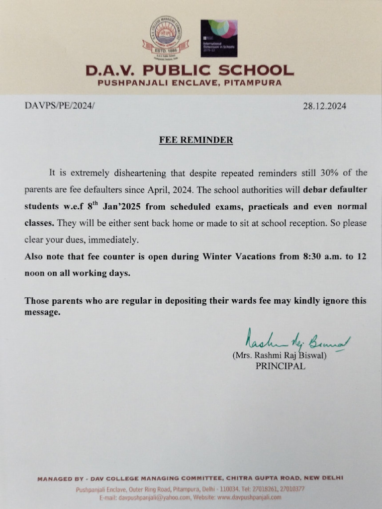 Fee Reminder for DAV Public School | PDF