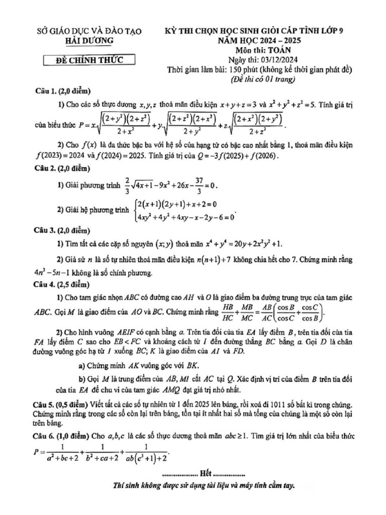 De Hoc Sinh Gioi Cap Tinh Toan 9 Nam 2024 2025 So GDDT Hai Duong | PDF