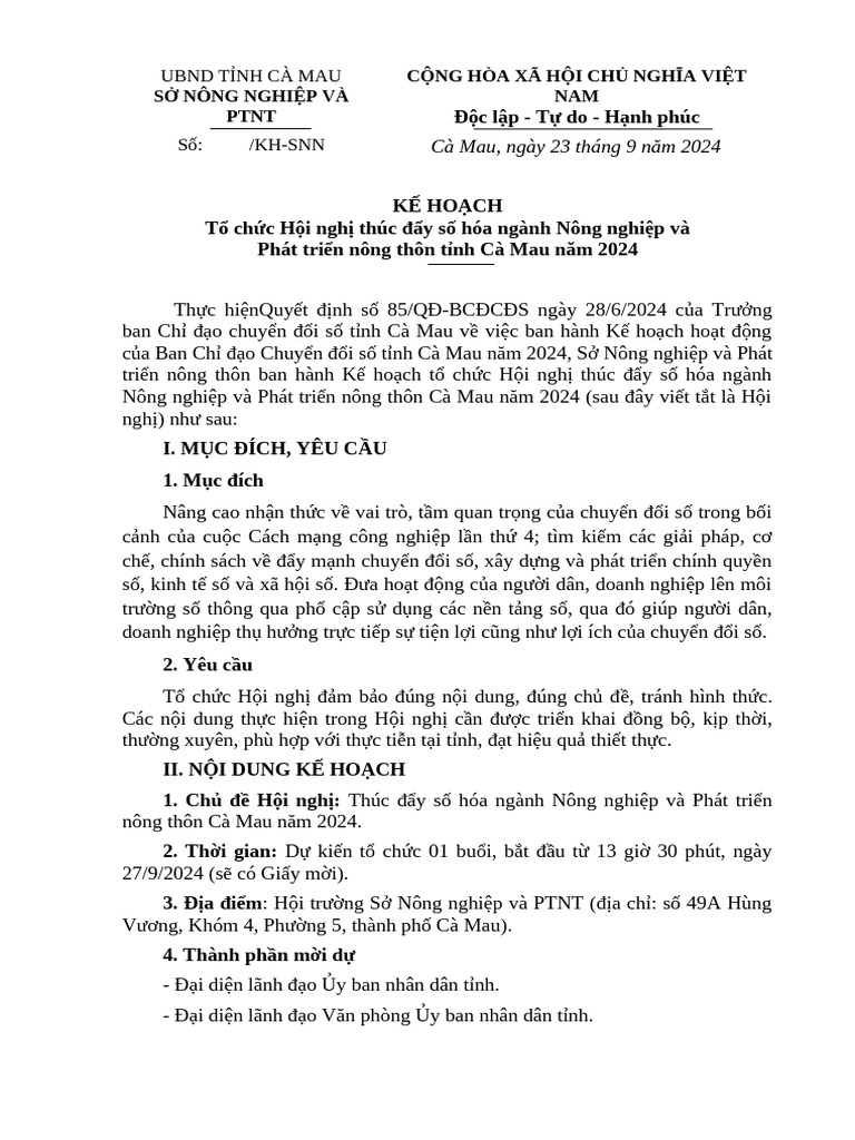 KE HOACH TO CHUC HOI NGHI SO HOA NGANH NN 2024 Final | PDF