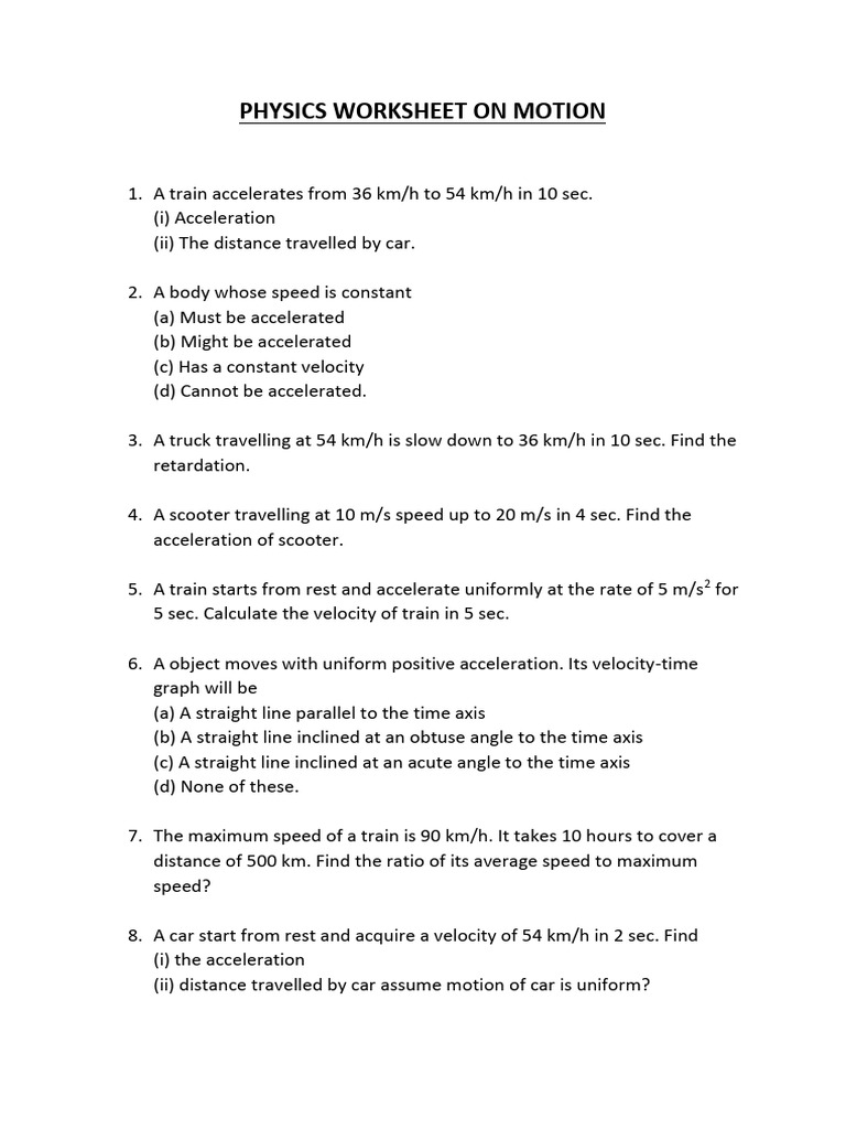 Physics Worksheet On Motion | PDF