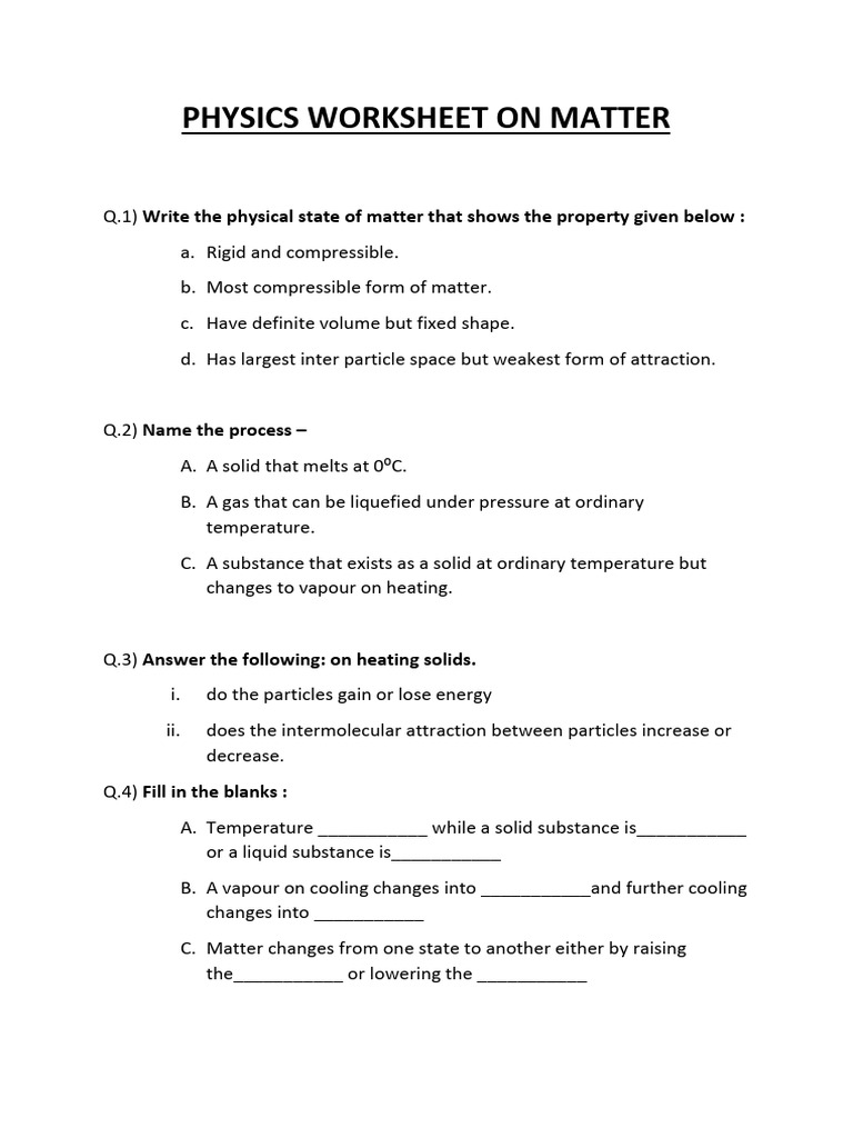 Physics Worksheet On Matter | PDF