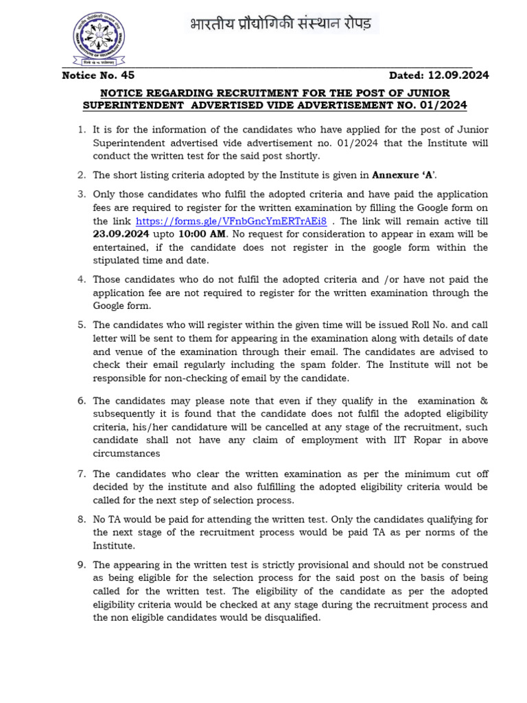 Notice Junior Superintendent.. | PDF | Educational Stages | Qualifications