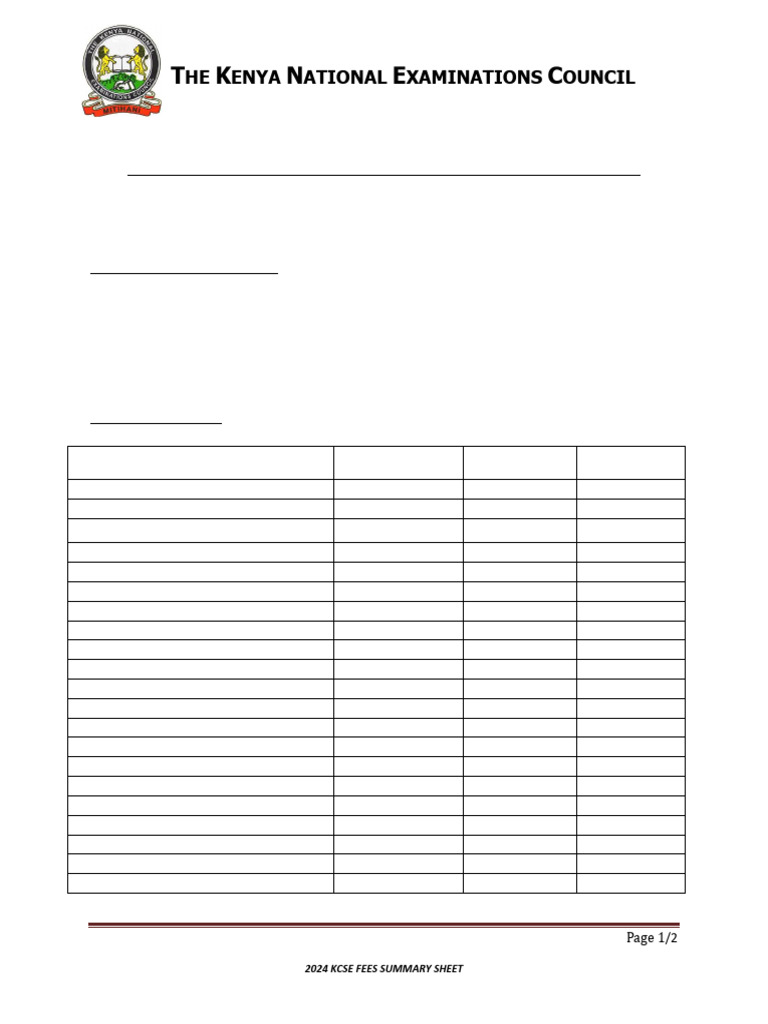 2024 KCSE Fees Summary Sheets | PDF