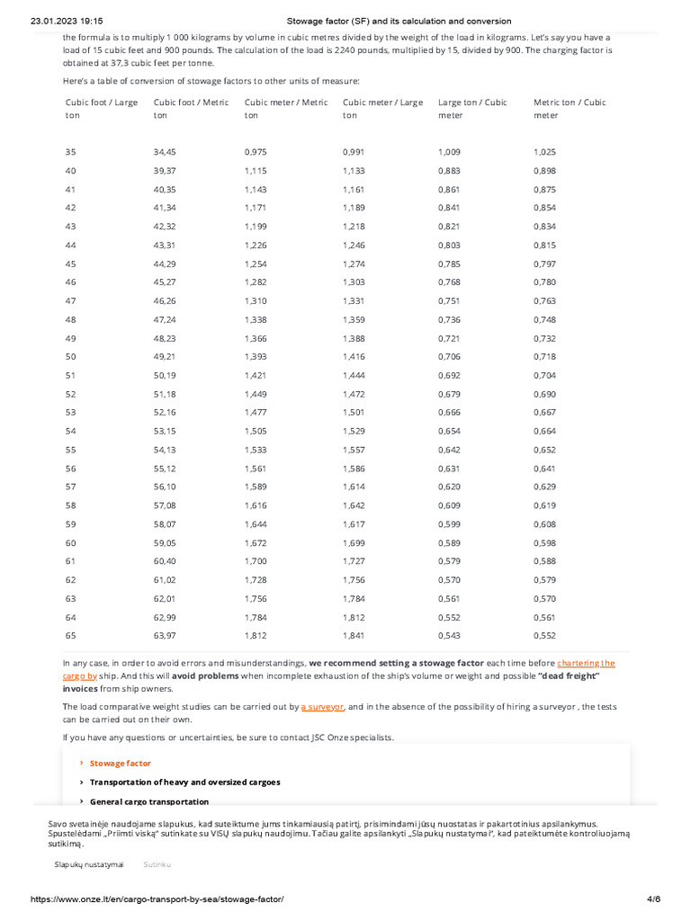Stowage Factor Hesaplamaları. | PDF | Ton | Foot (Unit)