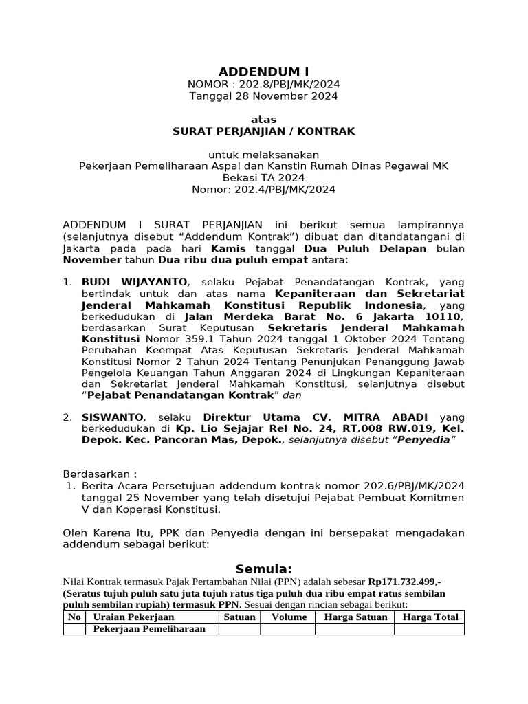 Addendum Surat Perjanjian Renovasi Wican 2024 | PDF
