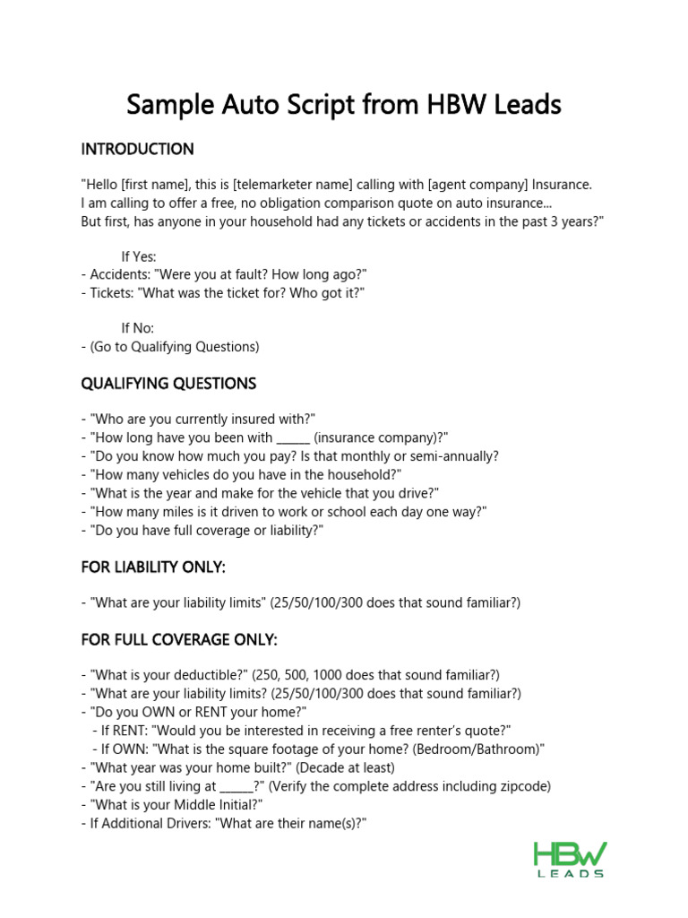 Sample Auto Script From HBW Leads | PDF