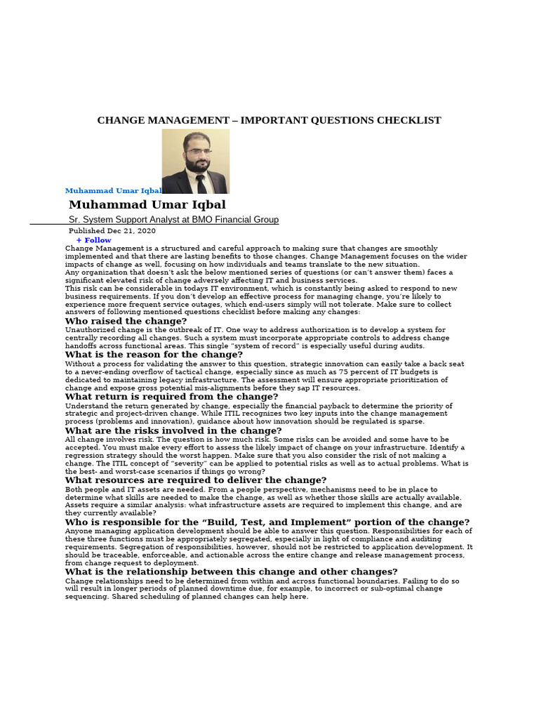 Change Management Question | PDF | Risk | Business