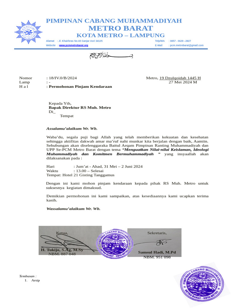 Permohonan Pinjam Kendaraan Muhammadiyah | PDF