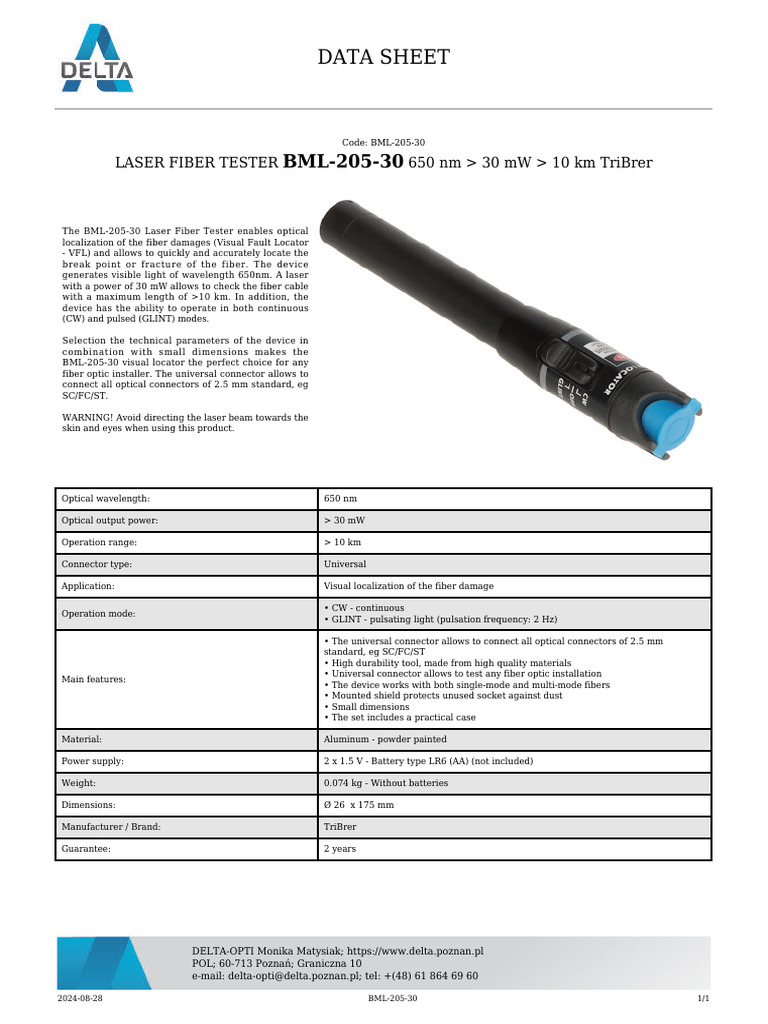 Delta-Opti Datasheet-BML-205-30 | PDF | Optical Fiber | Laser