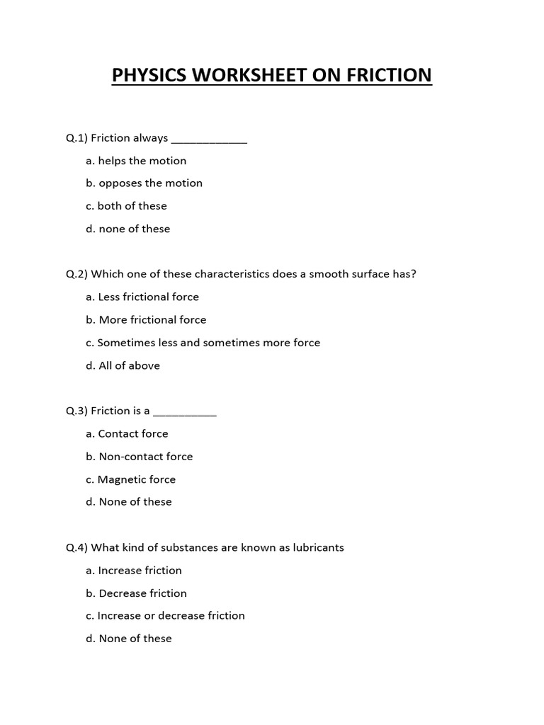 PHYSICS WORKSHEET ON FRICTION | PDF