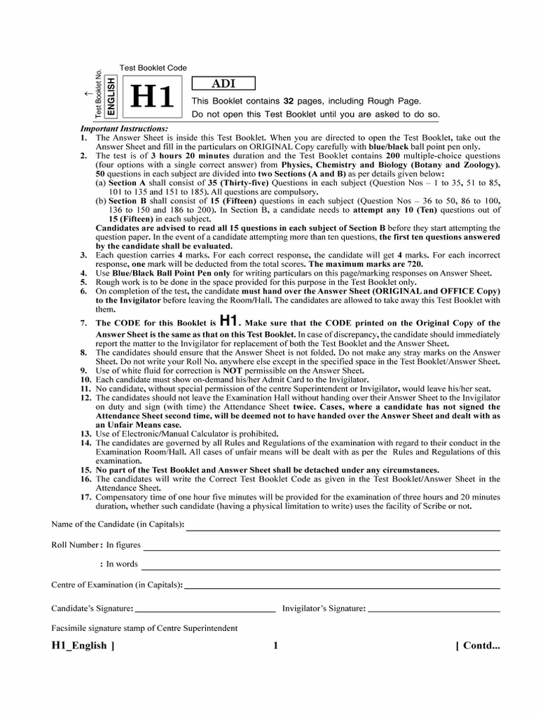 NEET 2023 Question Paper H1 | PDF