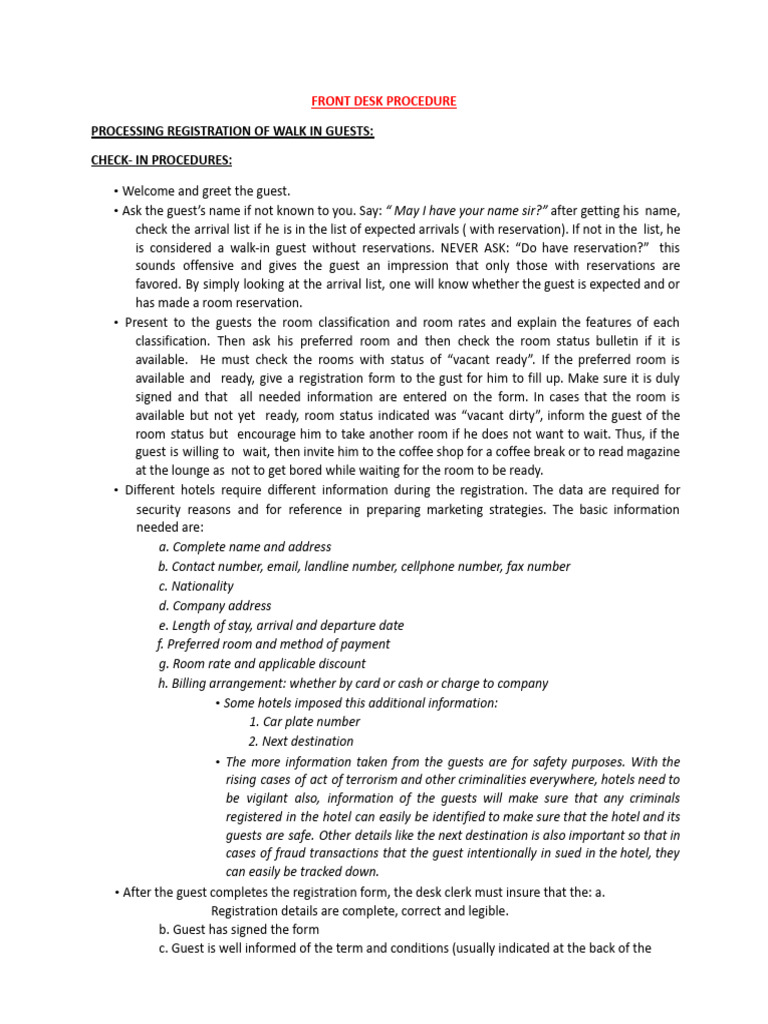 Walk-In Guest Registration Procedures | PDF | Credit Card | Voucher