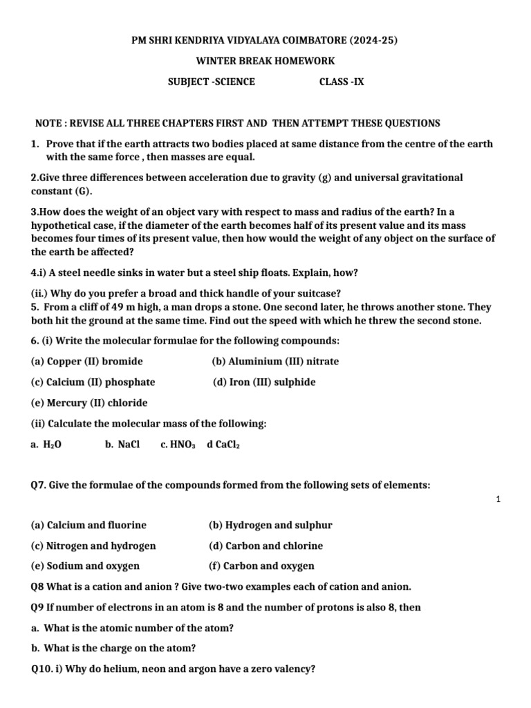 Science Winter Break Homework Ix | PDF | Ion | Atoms