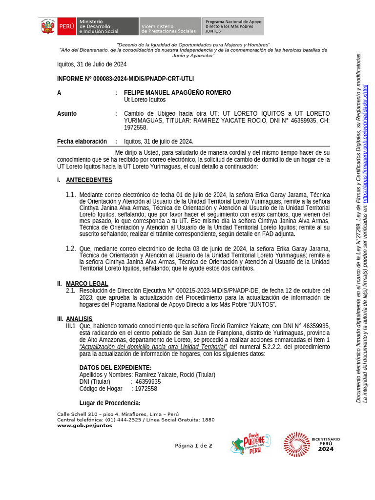Informe #0000086-2024-Midis-Pnadp-Crt-Utli - Cambio de Ubigeo Ramirez Yaicate Rocio | PDF ...