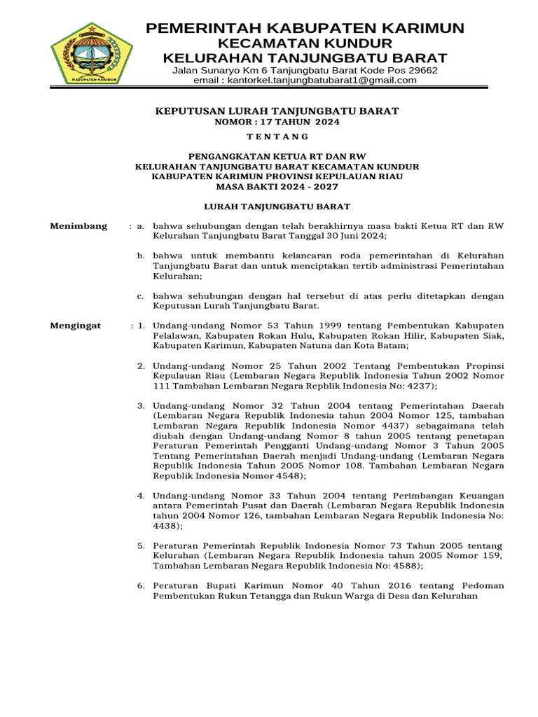 (SK PENGANGKATAN RT RW KELURAHAN TG.BATU BARAT 2024-2027 | PDF