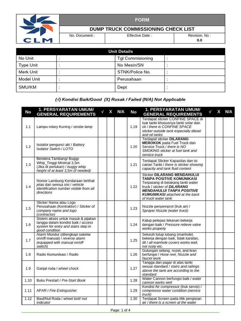 Dump Truck Commissioning Checklist | PDF | Truck | Vehicles