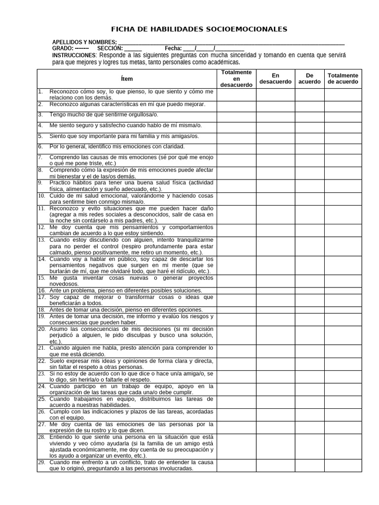 Ficha de Habilidades Socioemocionales | PDF | Las emociones