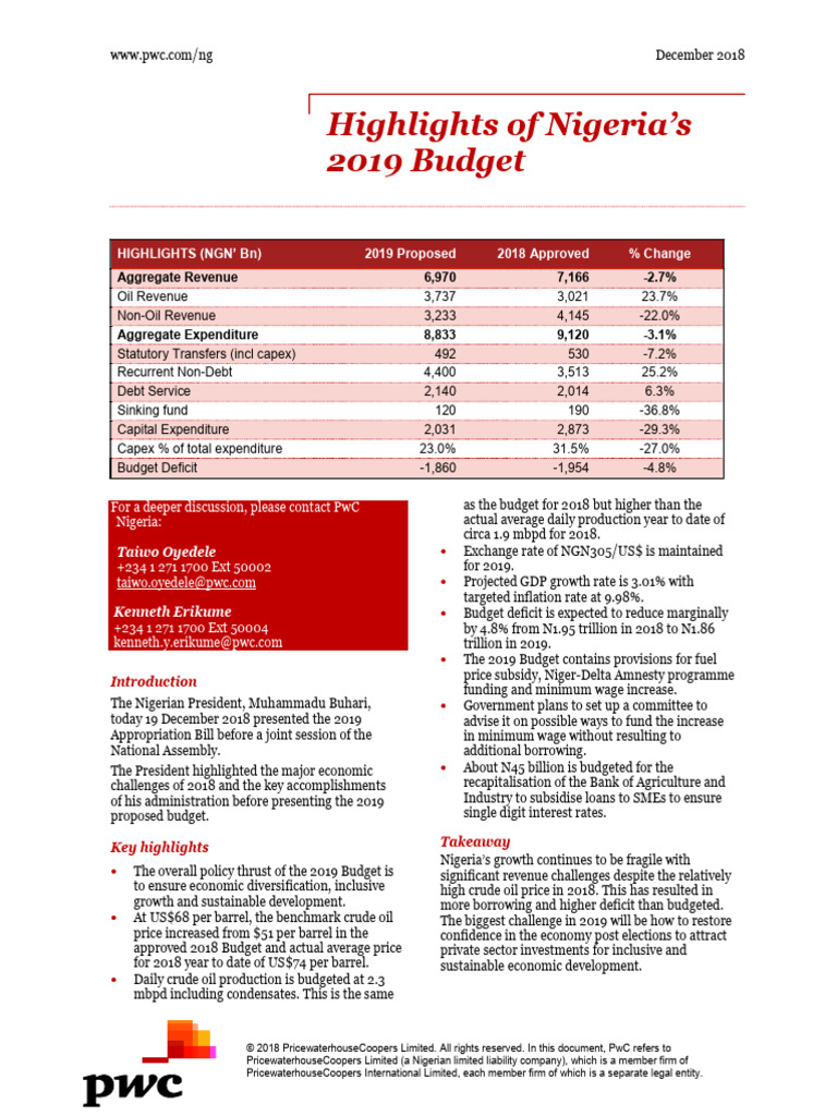 PWC Bulletin - Nigerias 2019 Budget Highlights - Dec2018 | PDF ...
