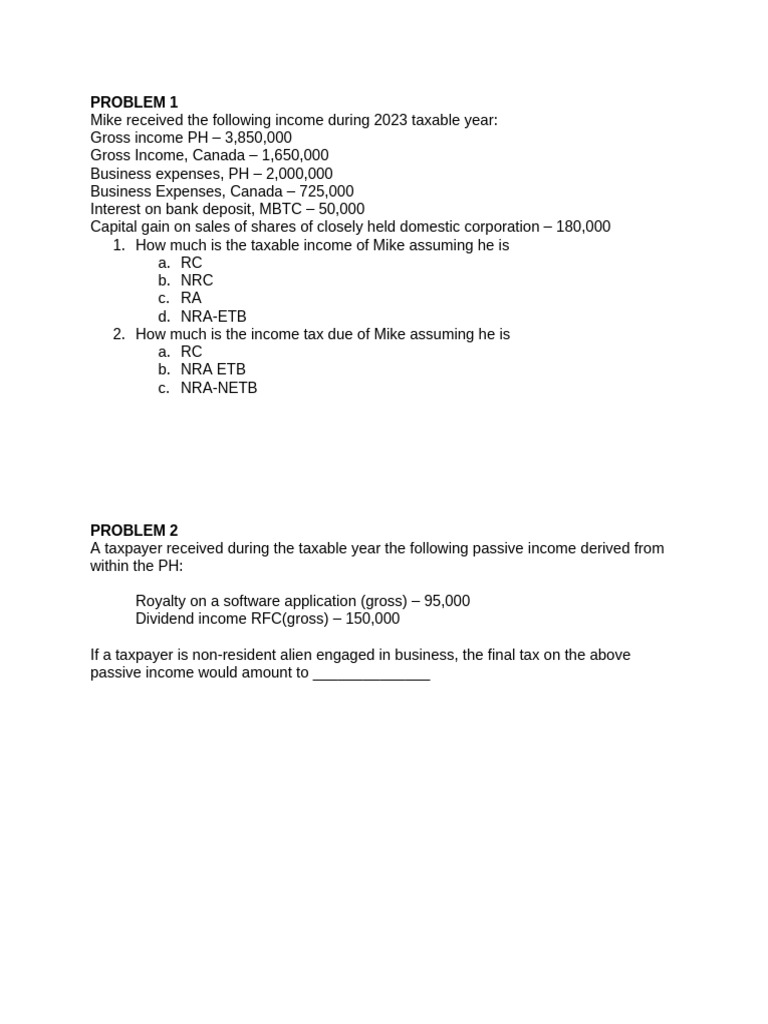 Sample Problem Set 1 Income Tax | PDF | Capital Gains Tax | Income Tax