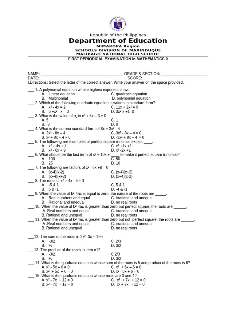 Math 9 Periodical Exam: Quadratic Concepts | PDF | Real Number | Equations