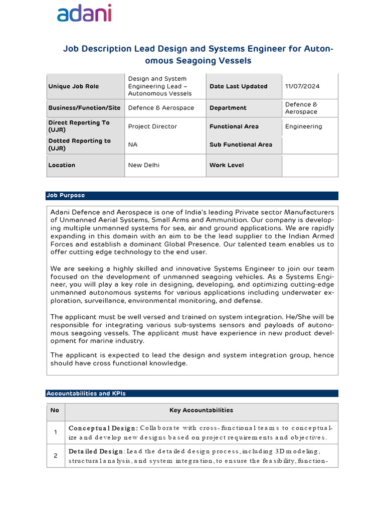 JD Lead Design and System Engineer For Autonomous Seagoing Vessels ...