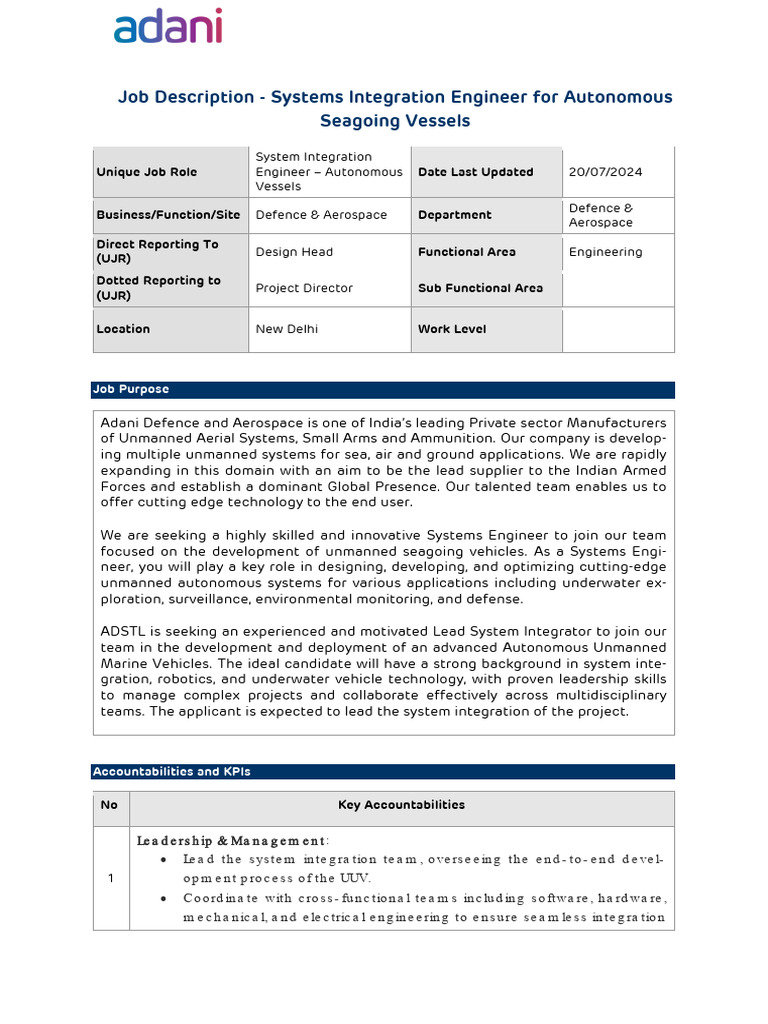 JD System Integrator For Autonomous Seagoing Vessels | PDF | Robotics | Project Management