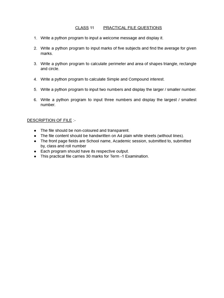 Class 11 Python Practical Questions | PDF