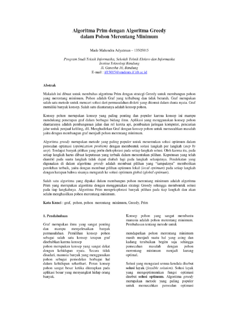 Algoritma Prim Dengan Algoritma Greedy Dalam Pohon Merentang Minimum - PDF Download Gratis | PDF